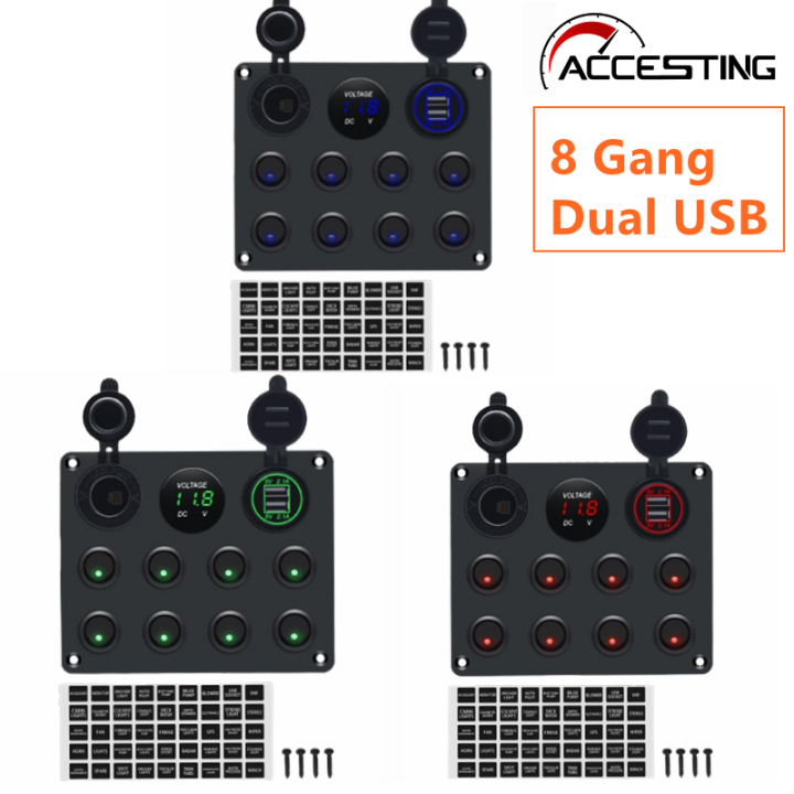 8 Gang Toggle Switch Panel Dual USB LED Voltmeter Marine Switch Panel ...