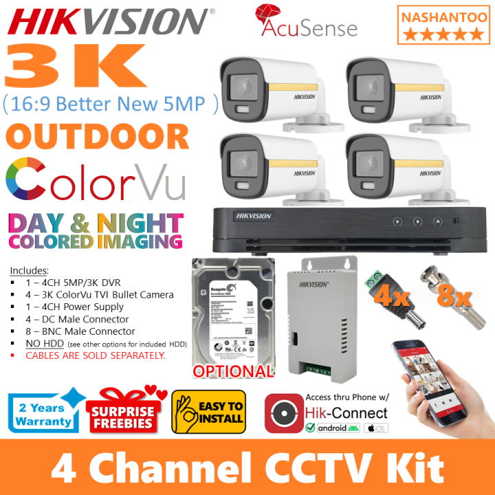 Hikvision 4Channel ColorVu 3K (New 5MP 16:9) TVI 4Cameras Outdoor ...