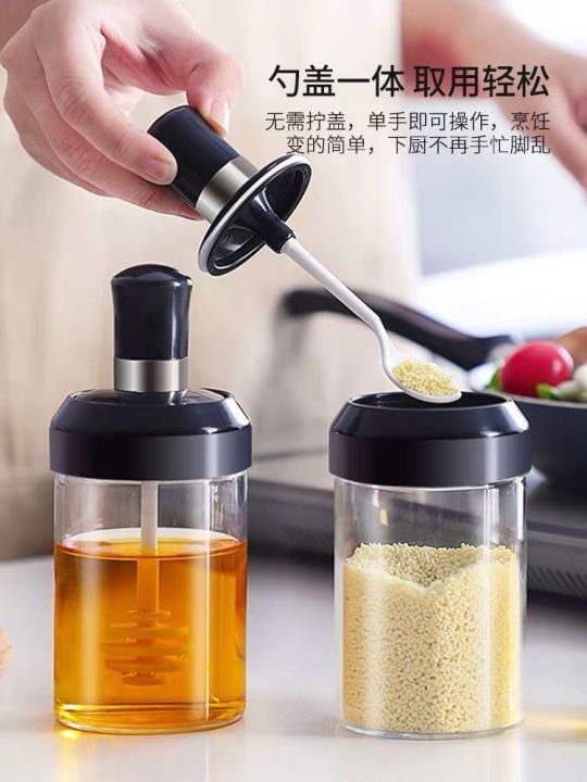 Condiment Glass with Spoon Transparent Kitchen Gadget Seasoning Bottle ...