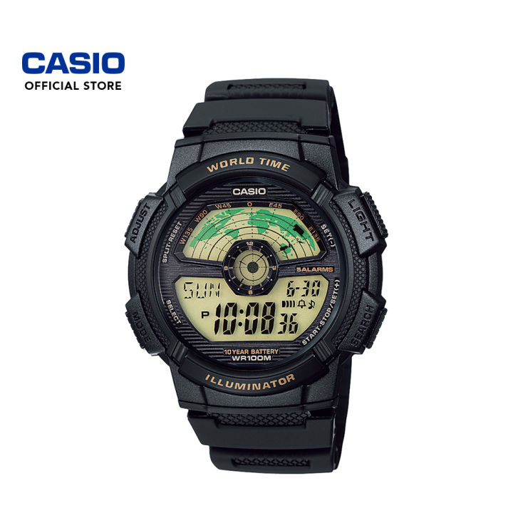 Casio (AE-1100W-1BVDF) Black Resin Strap 100 Meter World Time Digital ...