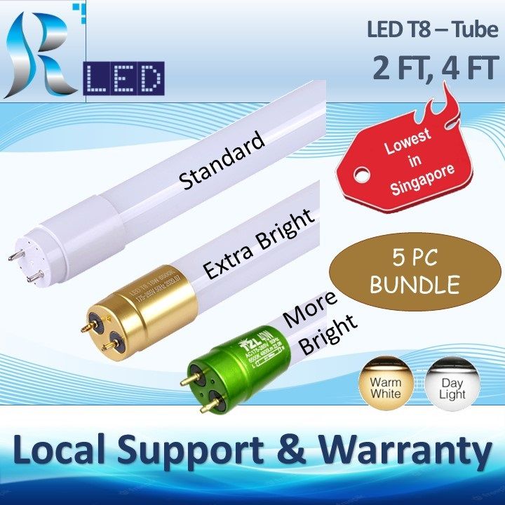 T8 LED Tube 【5 Piece BUNDLE】 - 2ft 4ft / 10W 16W 20W 32W 40W 50W / 3000K 6000K | Lazada Singapore