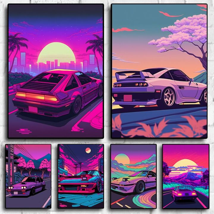 Japan JDM Neon Cyberpunk Car Poster Aesthetics AE86 GTR City Street ...