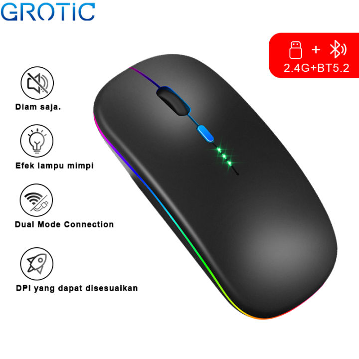 GROTIC Mouse Wireless Bluetooth Silent Click Rechargable 2.4G Receiver ...