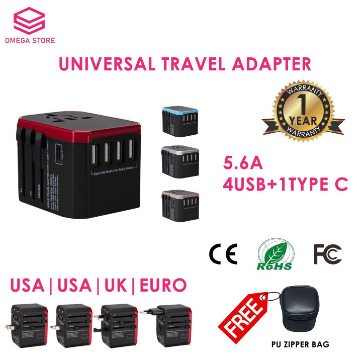(Omega) 5.6A Fast Charges Universal Travel Adapter 4USB PORT AND 3.0A ...
