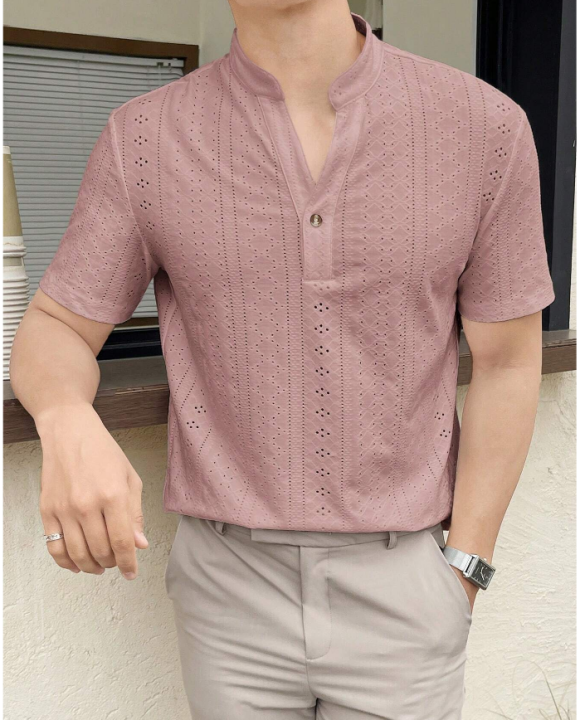 Kinwoo T555 ModaGents Men Summer Casual Hollow Embroidery Woven Short ...