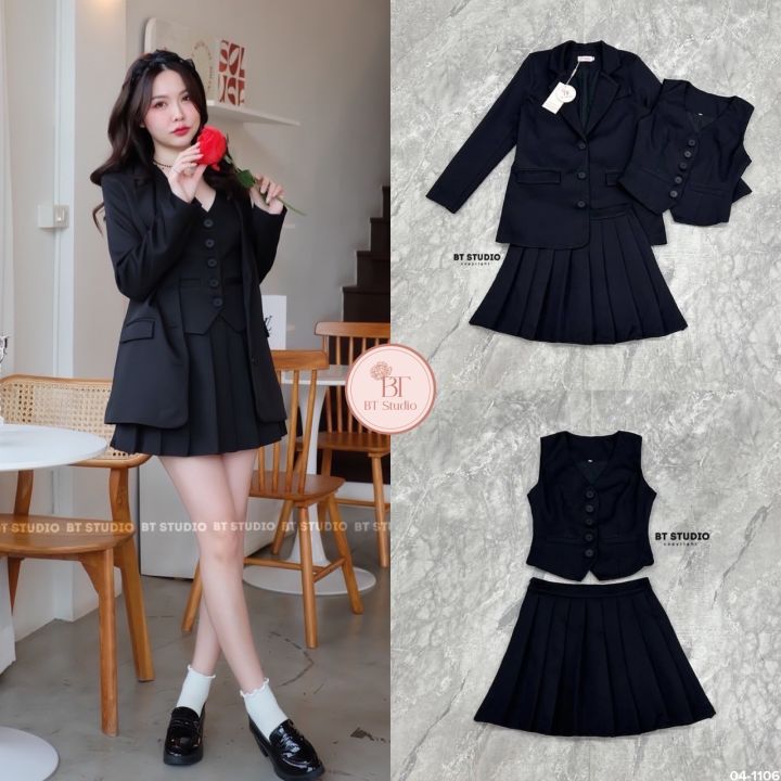 งานป้าย BT-Studio set 3ชิ้นเสื้อเบเซอร์แขนยาวคอปกกระเป๋าข้าง มาพร้อมเสื้อกั๊กตัวในแขนกุดแมทซ์กับ ...