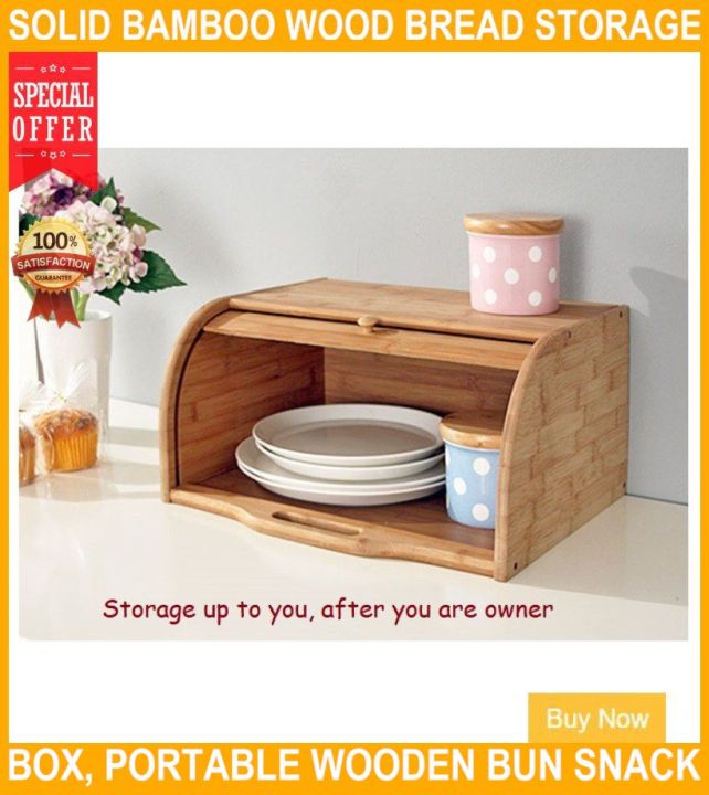Solid Bamboo Wood Bread Storage Box, PORTABLE Wooden Bun Snack Fruits ...