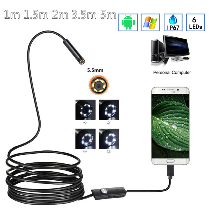 5.5mm Waterproof HD USB Endoscope 30W Mini Camera With 6 LED 1/1.5/2/3 ...