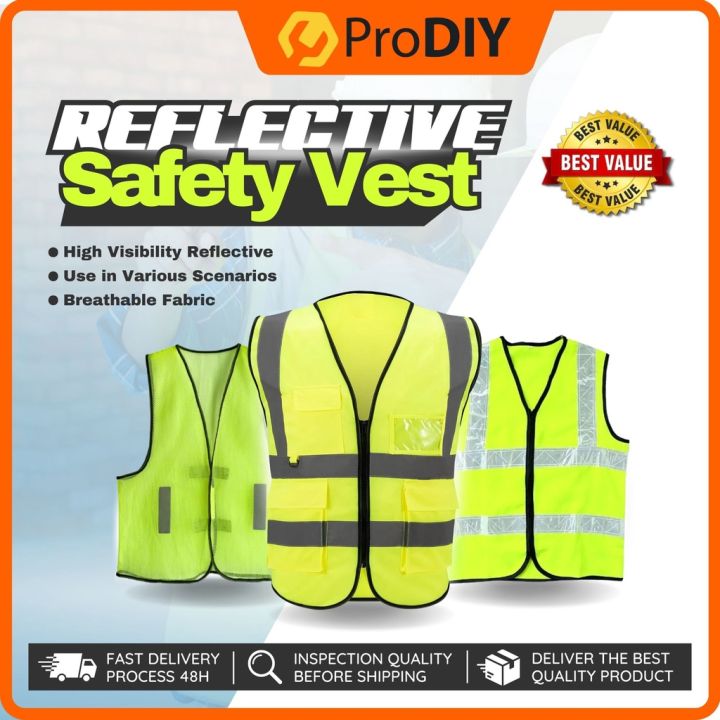 Unisex Reflective Safety Vest Zip Pocket Yellow Orange Zipper Polyester ...