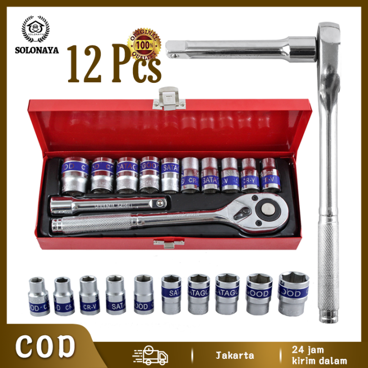 Obeng Kunci Socket Set 12 Pcs Socket 8 - 24mm Ratchet Spanner - Box ...