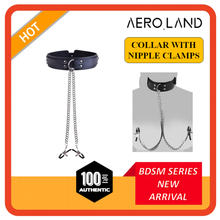 (SM Series) Leather Choker Neck Collar With Metal Nipple Breast Clamp Clip Chain Couple SM Sex ...