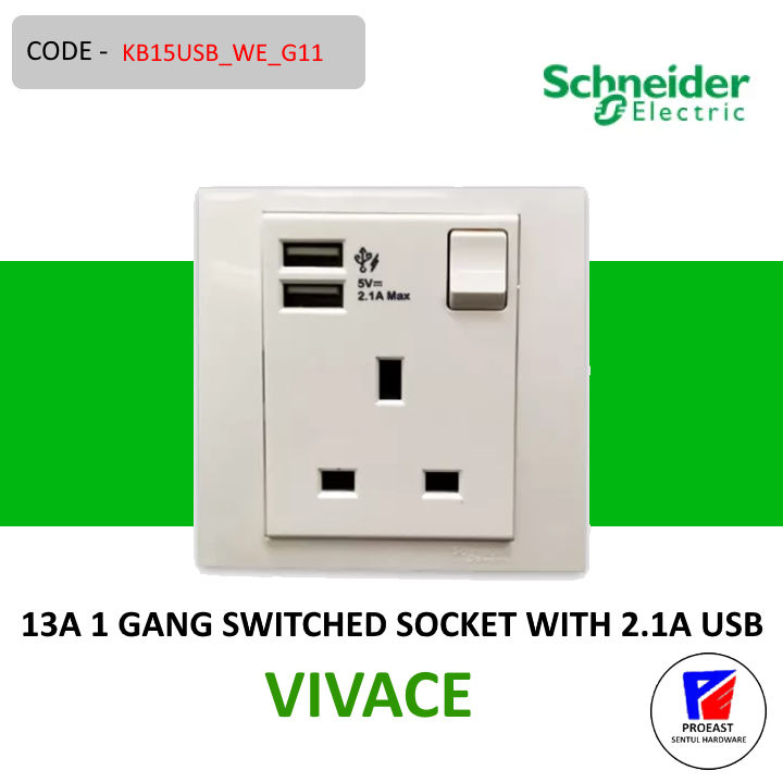 SCHNEIDER Electric Vivace 13A 1 Gang Switched Socket With 2.1A USB / 2 ...