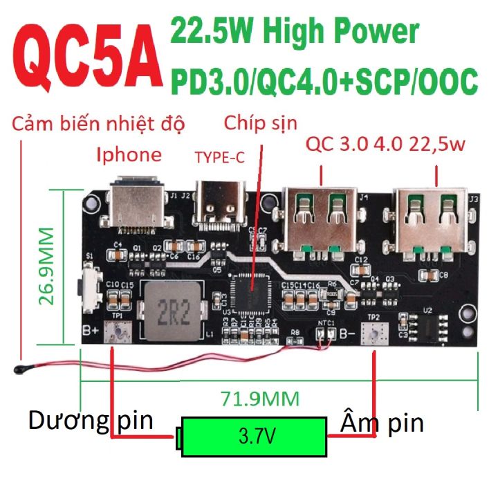 Mạch Sạc Dự Phòng QC4.0+ QC3.0 Sạc nhanh 5A Micro / Type-C có tích hợp mạch Bảo Vệ pin 18650 ...