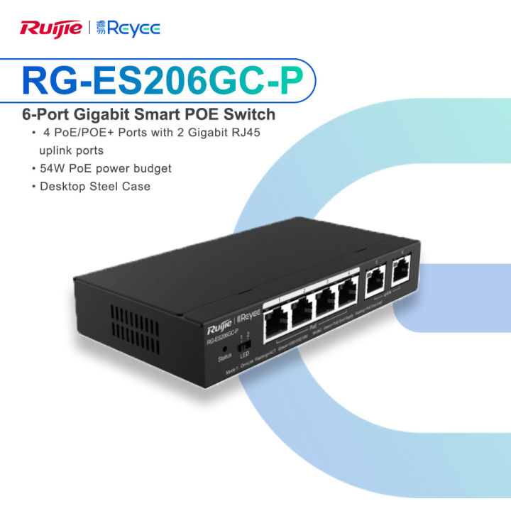Reyee RG-ES206GC-P | 6-Port Gigabit Smart POE Switch, 4 PoE/POE+ Ports with 2 Gigabit RJ45 ...