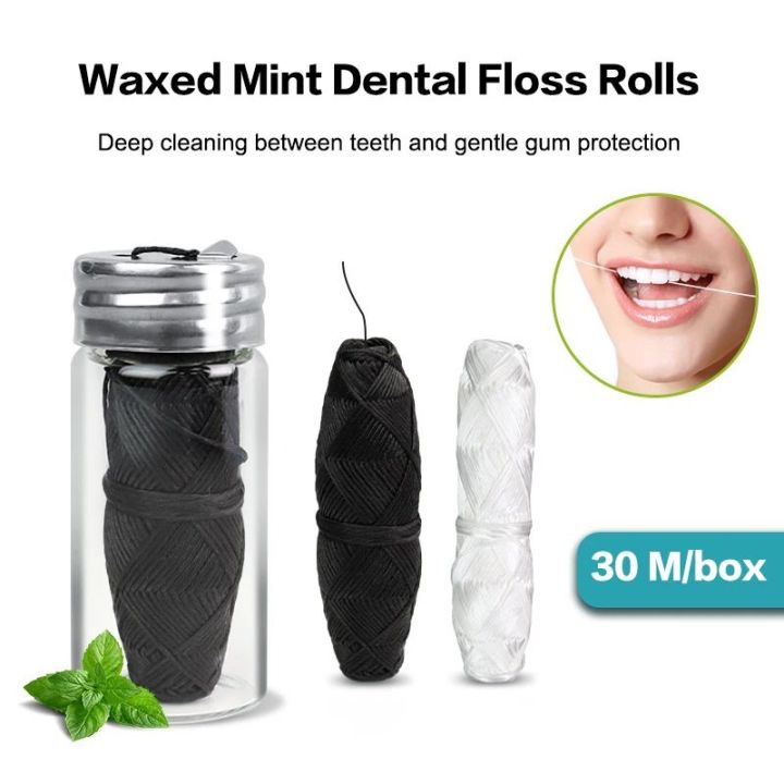 30m Vegan Biodegradable Bamboo Charcoal Dental Floss With Refillable Glass Holder Mint Flavored ...