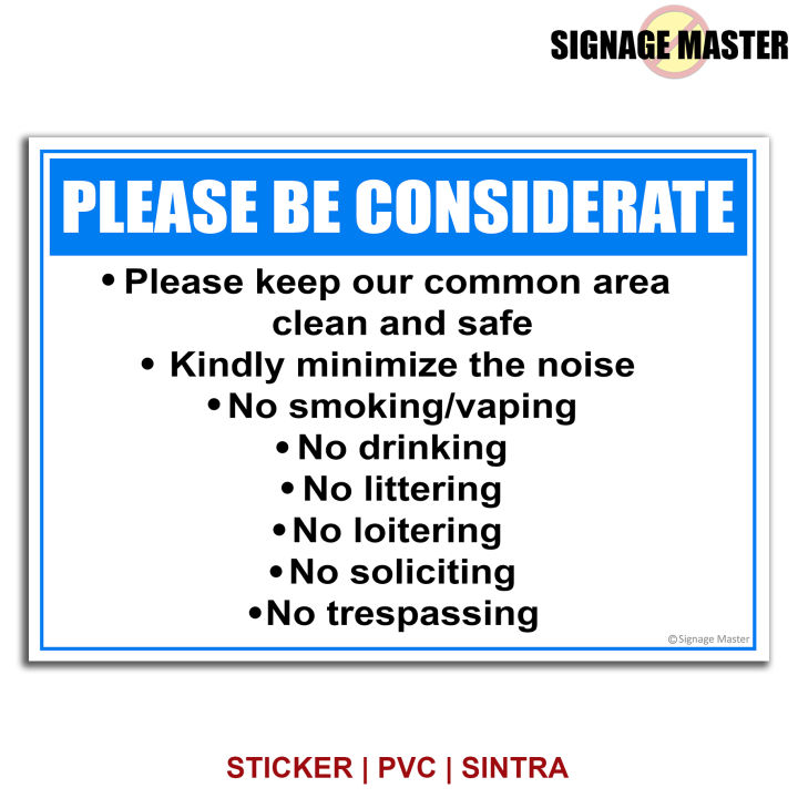 House Rule Be Considerate - Signage Sticker PVC Sintra Board - A4 Size ... House Rule Be Considerate - Signage Sticker PVC Sintra Board - A4 Size ...
