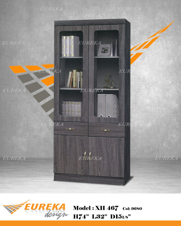 EUREKA 2.5ft Modern Book Shelf Display Cabinet 2 Glass Door / 4 Drawer ...