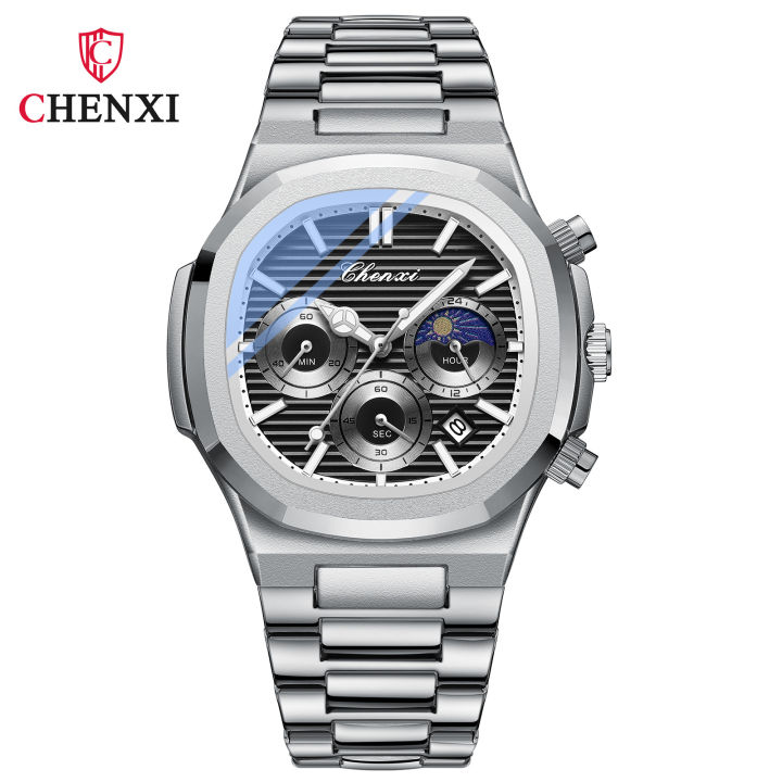 Chenxi Multi-Functional True Three Eyes Six-Pin Men's Watch Calendar Moon Phase Timing Octagonal ...