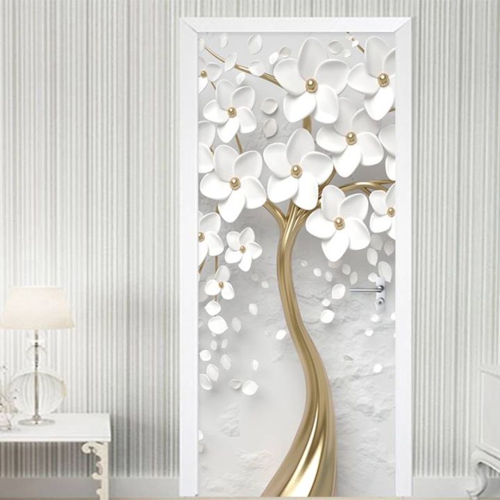 Self-Adhesive Door Sticker 3D Stereo White Flower Mural Wallpaper for ...
