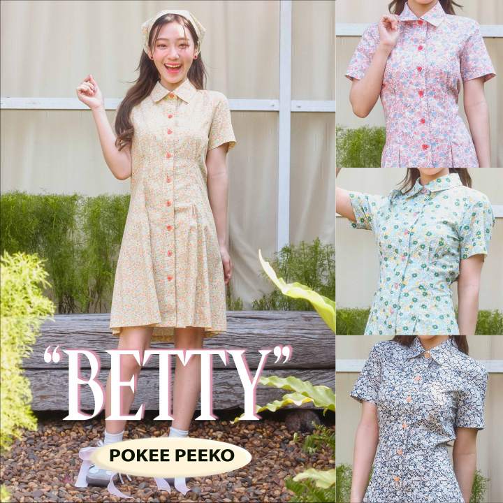 POKEE BETTY DRESS มินิเดรสเชิ้ตลายดอกไม้ 🌼🍵 | Lazada.co.th