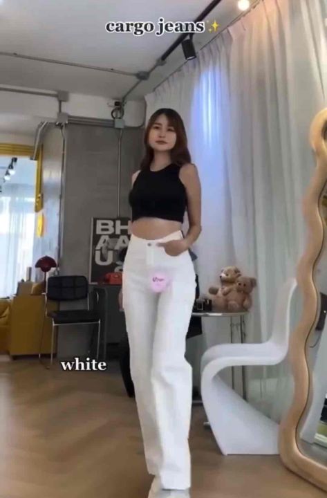 V-JEANS ป้ายCHU กางเกงยีนส์เอวสูง ยีนส์ กางเกงยีนส์ทรงกระบอก กางเกงทรงคาร์โก้ Cargo กระเป๋าข้าง ...