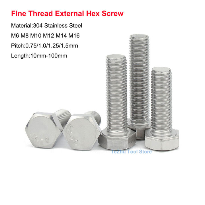 304 Stainless Steel Fine Thread External Hex Screw M6 M8 M10 M12 M14 M16 Hexagon Head Screws ...