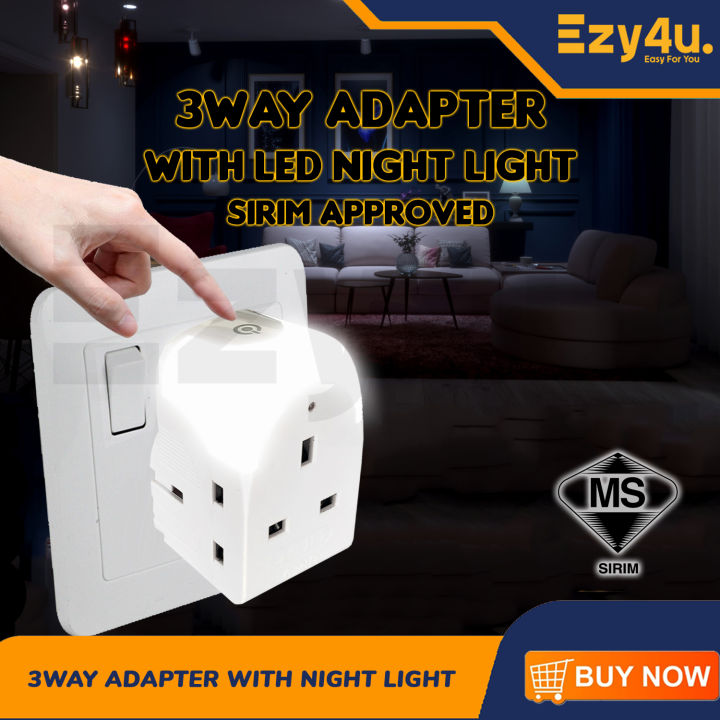 3 WAY ADAPTOR ADAPTER PLUG SOCKET OUTLET MULTI WITH NIGHT LIGHT SOKET ...