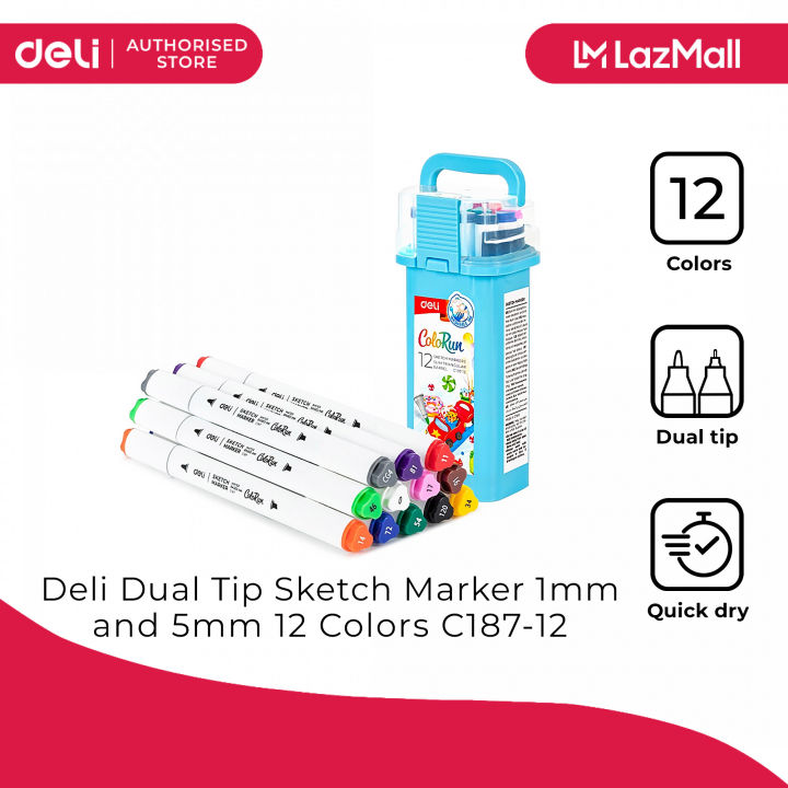 Deli C187-12 Dual Tip Sketch Marker 1mm and 5mm 12 Colors | Lazada PH