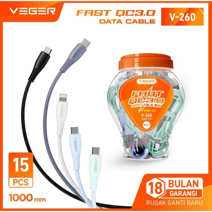 VEGER Kabel Data Cable V250 Micro USB , V260 Type C , V270 Lightning ( 1 Toples Isi 15 Pcs ) QC ...