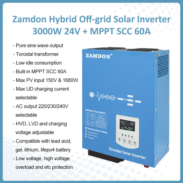 Zamdon Toroidal Hybrid Off-grid Solar Inverter 24V3000W with 60A MPPT ...