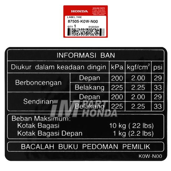 87505-K0W-N00 Stiker Informasi Tekanan Angin Ban Label Tire ADV 150 ...