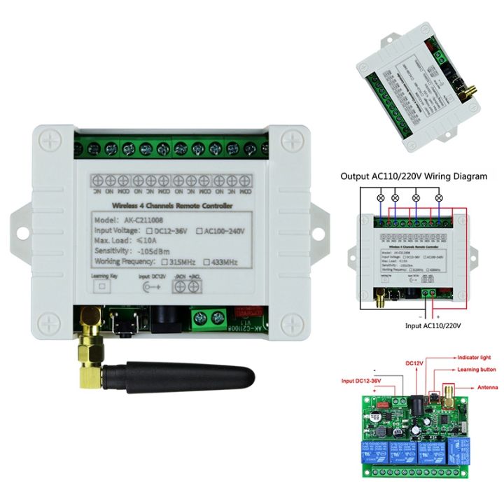 Wireless 4CH Remote Controller LED Light Switch Relay Output Radio RF ...