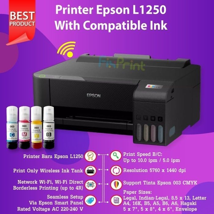 Epson EcoTank Printer L1250 Single Function Print Wireless WiFi A4 ...
