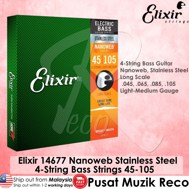 Elixir 14677 Nanoweb Coated Stainless Steel 4 String Electric Bass ...