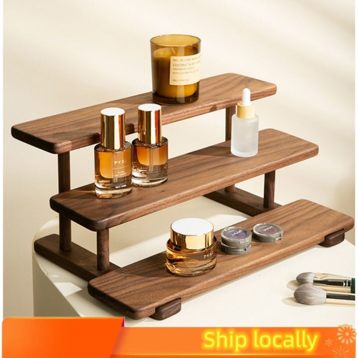 Walnut color high-quality 3-layer storage display solid wood shelf ...