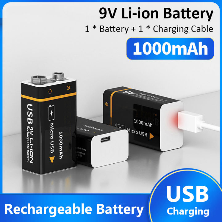 9V 1000mAh Li-ion Rechargeable Battery With USB Charging Cable Combo ...