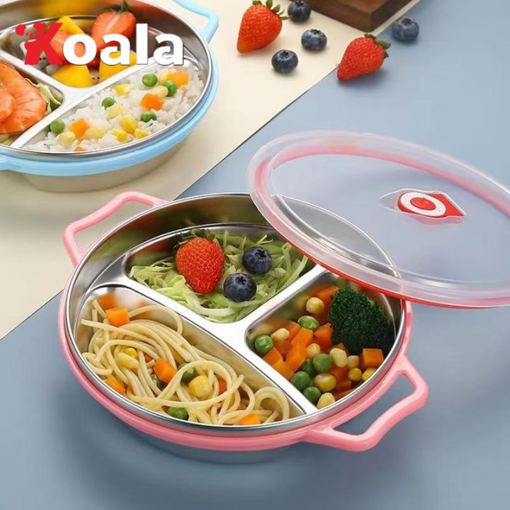 KOALA 【สุ่มสี】304 จานกลมสำหรับเด็กสแตนเลสสำหรับอนุบาลอาหารเกรดบนโต๊ะอาหารปิดผนึกให้ลึกและหนาขึ้น ...