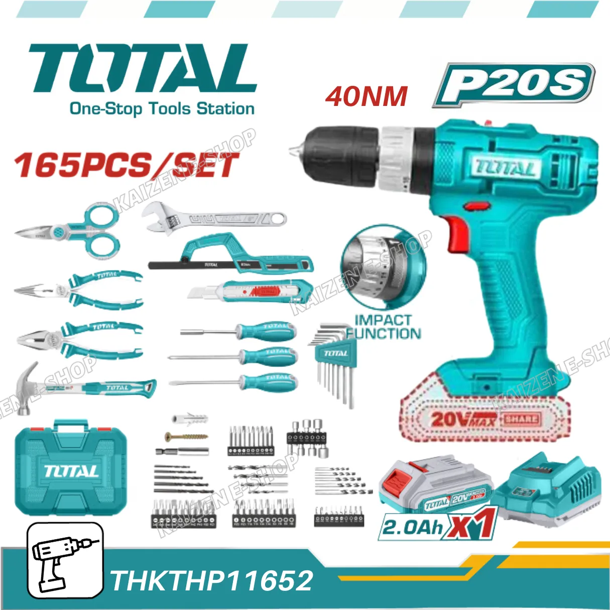 TOTAL THKTHP11652 165 Pcs Tools Set with TIDLI20035 Li-ion Cordless ...