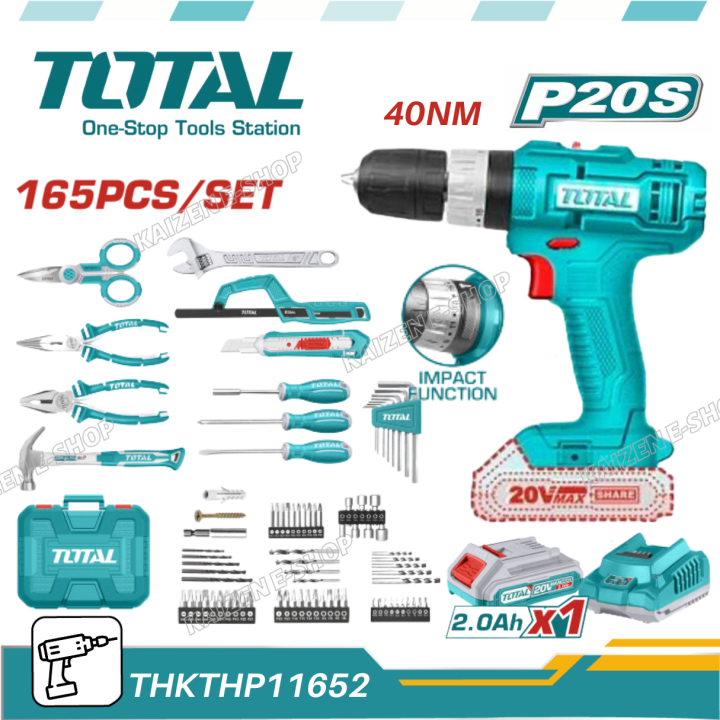 TOTAL THKTHP11652 165 Pcs Tools Set with TIDLI20035 Li-ion Cordless ...