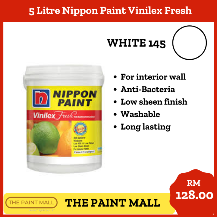 [The Paint Mall] 5L Nippon Paint Vinilex Fresh Anti-Bacterial White 145 (Interior Wall Low Sheen ...