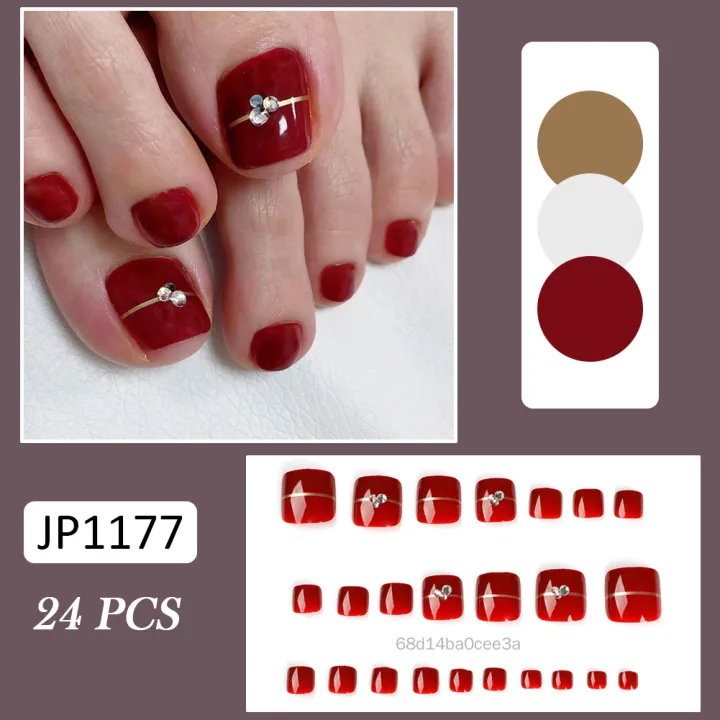 Gold Line Red Fake Toenails Waterproof and Scratch-Resistant Fake ...