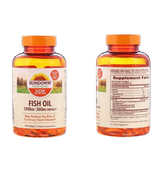 Sundown Naturals Fish Oil Omega 3 - 1200mg/360mg, 100 Softgels - Expiry ...