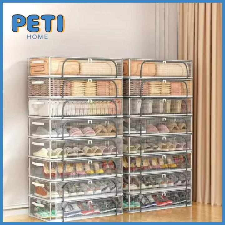 PETIHOME Foldable Shoe Box Steel Frame Stackable Shoe Organizer Clear ...