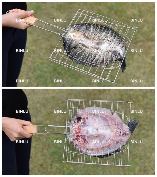 Stainless steel non stick fish grill mesh wire net with wooden handle ...