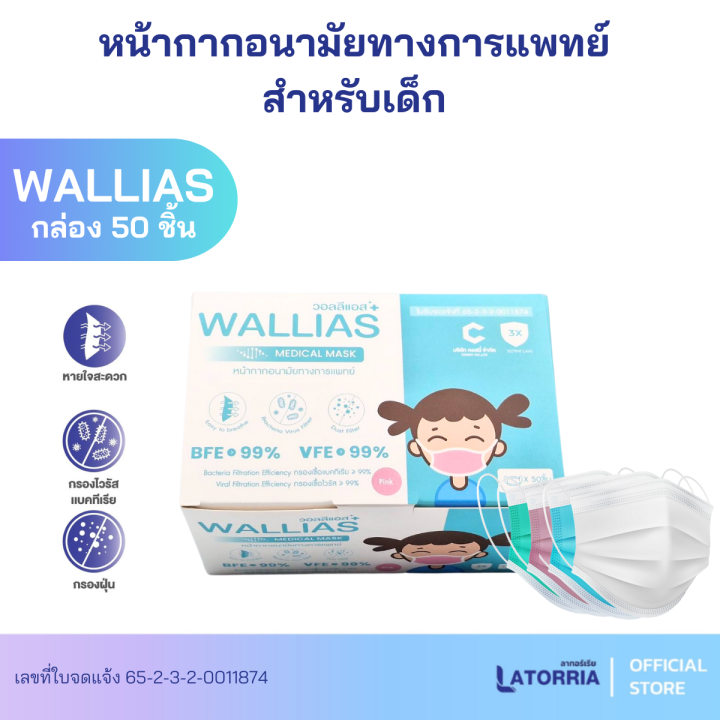 หน้ากากอนามัยทางการเเพทย์เด็ก ยี่ห้อ WALLIAS KID บรรจุ 50 ชิ้น / 1 กล่อง หนา 3 ชั้น ป้องกันได้ ...