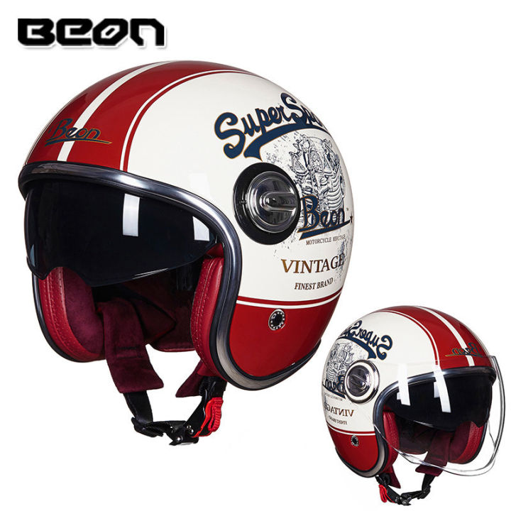 BEON Vintage Motorcycle Helmet 3/4 Helmet Double Lens Sun Blocker Open ...