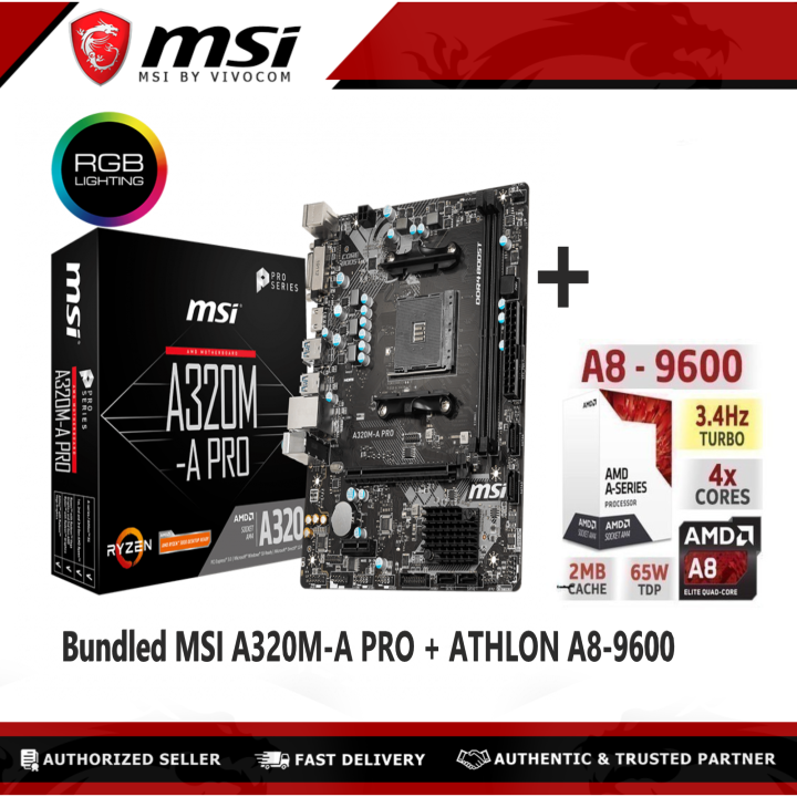 Bundle MSI A320M-A PRO MOTHERBOARD + AMD A8-9600 Bristol Ridge Radeon ...
