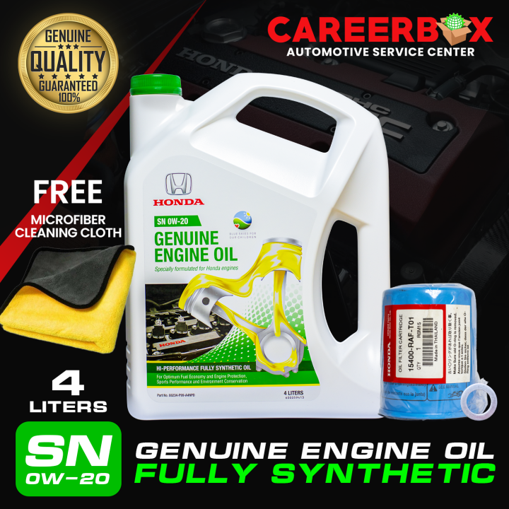 Honda Genuine Fully Synthetic Engine Oil (SN 0W-20) 4 Liters with Oil filter and Drain Plug ...