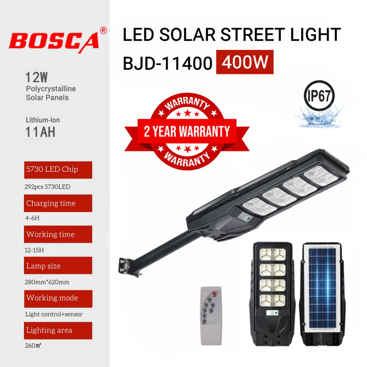 BOSCA 2 Year Warranty 400W Outdoor LED Solar Street Light Lithium-lon ...