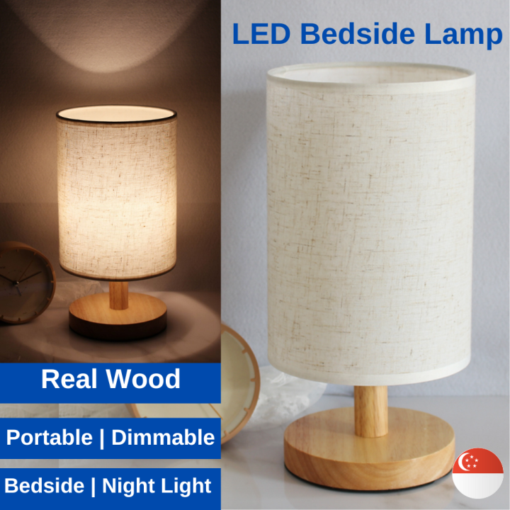 Fabric Bedside Night Light Wooden Table Lamp LED Desk Lamp Nightstand ...